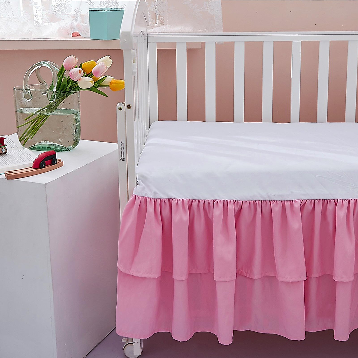 JSD Pink Crib Bed Skirt 14 in Deep Drop Dust Ruffle Double Layer Microfiber Nursery Bedding Skirt for Baby Girls