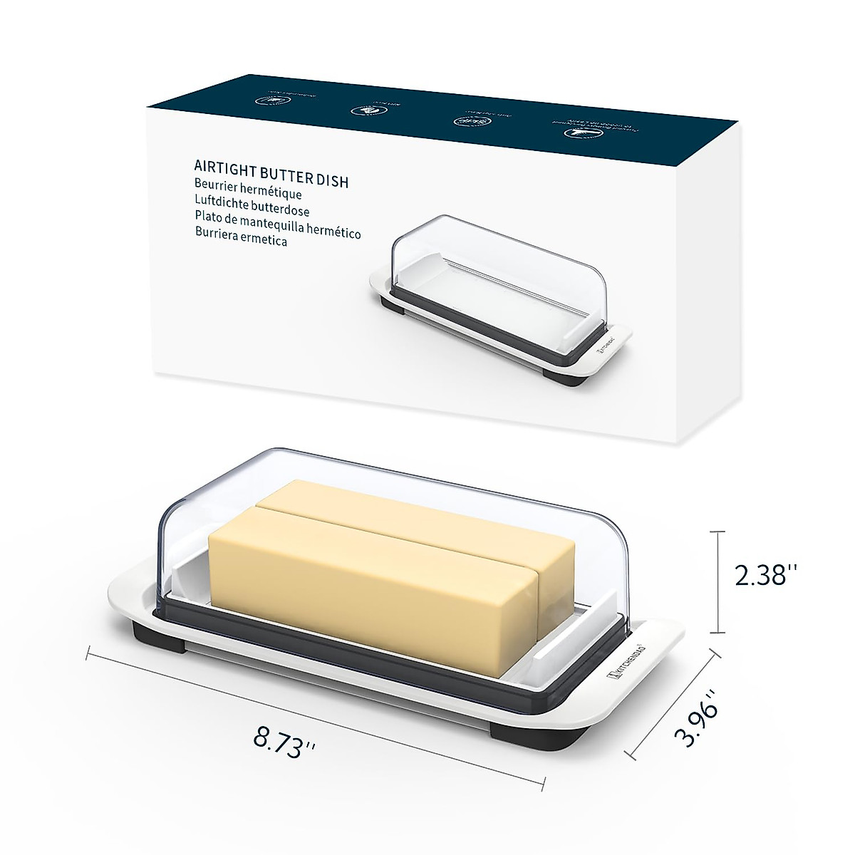 KITCHENDAO Large Airtight Butter Dish with Lid for Countertop and Fridge, Butter Keeper, Plastic Butter Holder Tray for 2 Sticks East Coast/West Coast/European Style/ Kerrygold Butter/ Cream Cheese