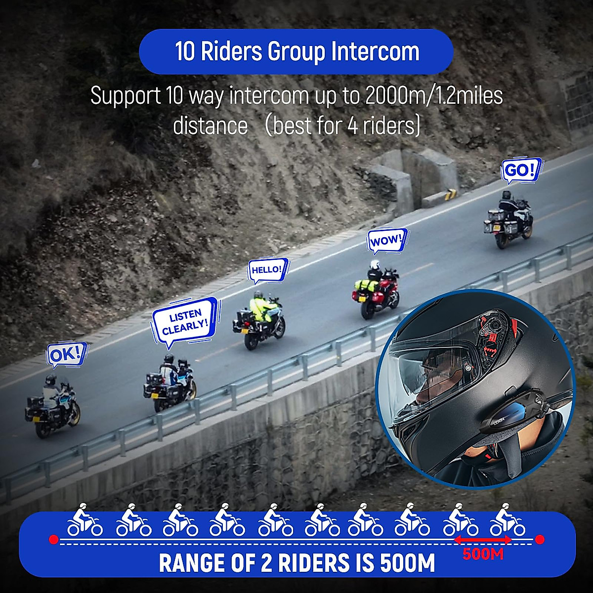 LEXIN GTX Motorcycle Bluetooth Headset, 10 Riders Helmet Communication System, Group Intercom w/Audio Multitasking/Loud Speakers/IP67 Waterproof/Hands-Free Call/USB-C Charge/5 Shells, Single Pack