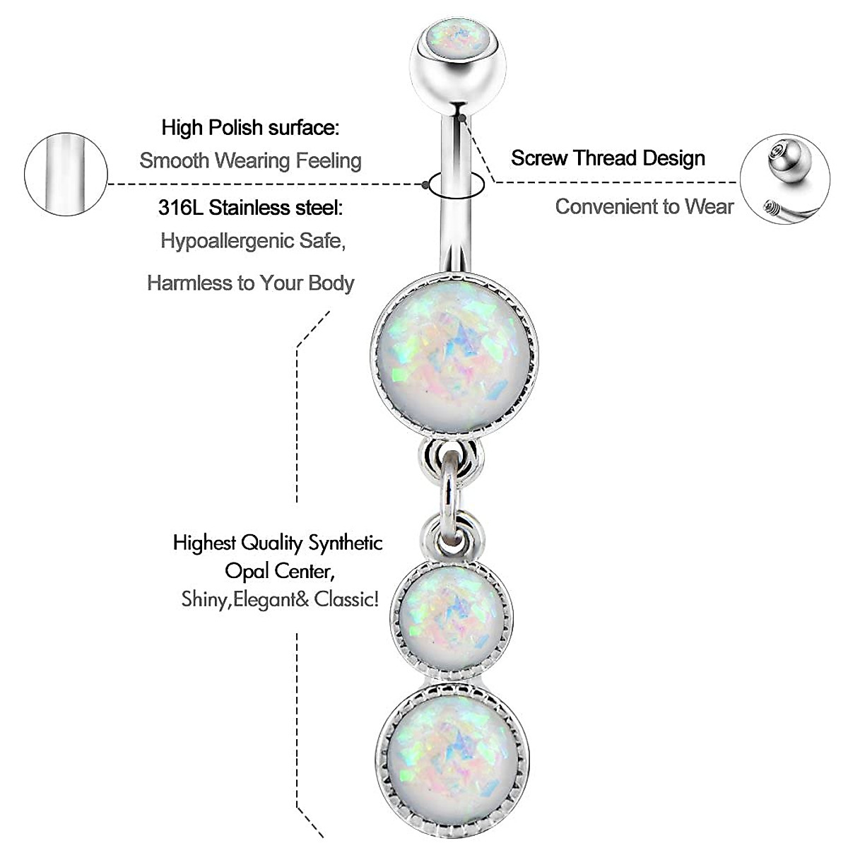 COCHARM 14g White Opal Belly Button Rings Surgical Steel Dangle Navel Rings for Women Dangly Navel Piercing Jewelry Dangling Belly Piercing Belly Bar