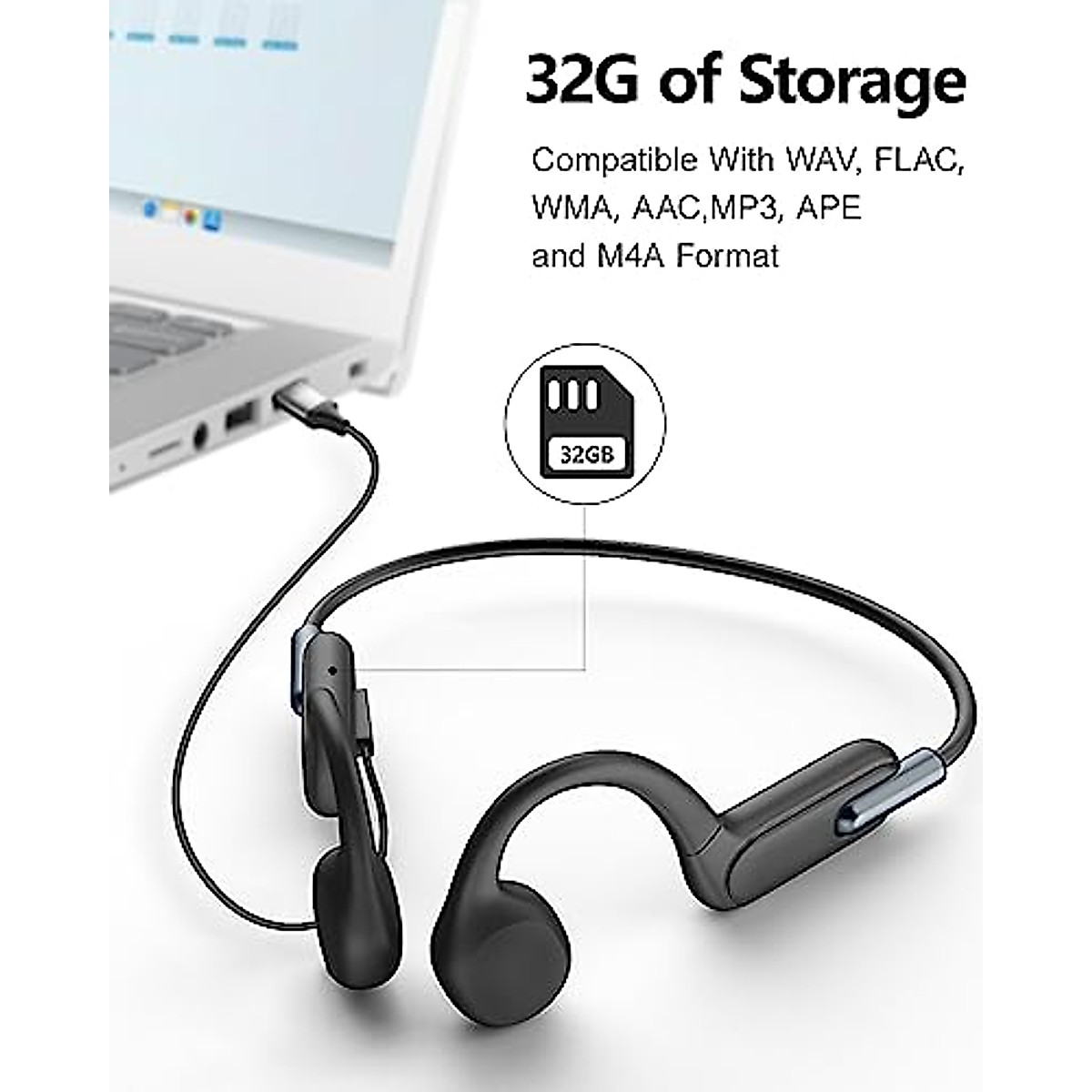 Bone Conduction Headphones Swimming, Built-in 32G Memory IP68 Waterproof Sports Headphones, Wireless Bluetooth 5.3 Open Ear Headphones with Earplug and Adjustment Straps for Swimming, Cycling, Running