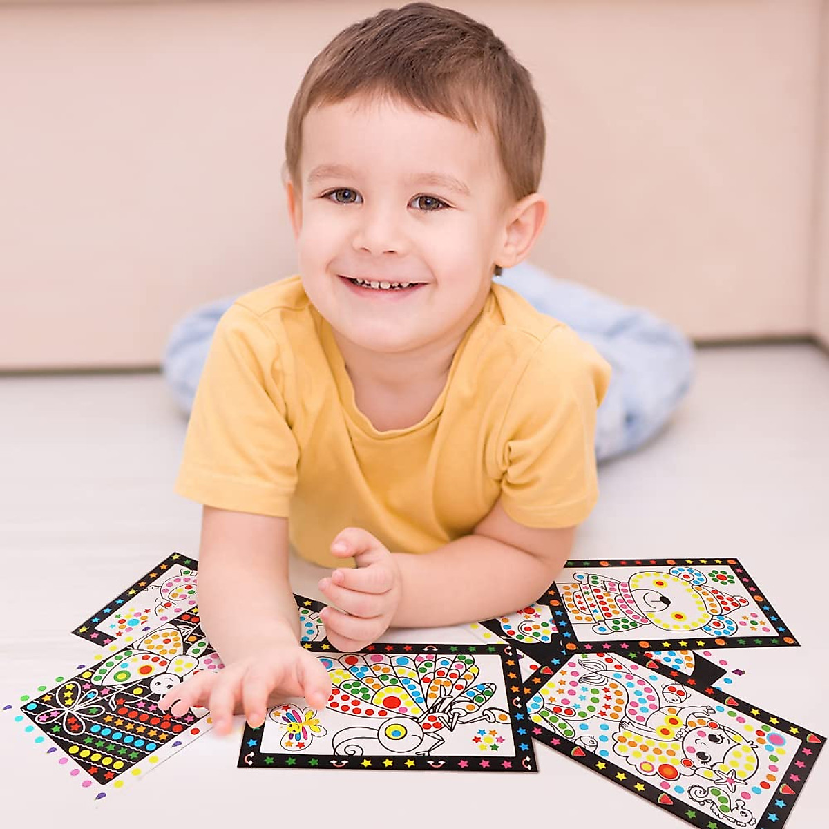 KERARME Mosaic Sticker Art Sticky DIY Handmade Art Kits for Kids - Dinosaur,Unicorn, Snow White, Mermaid, Elephant, Bear, Butterfly (12 Pack)