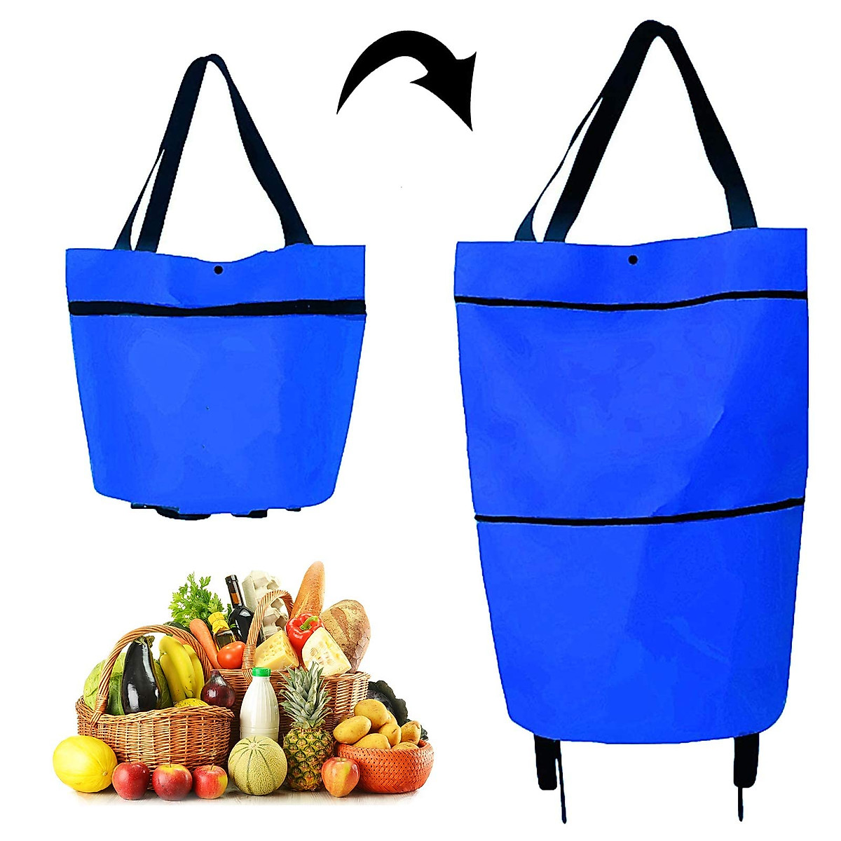 2 in 1 Upgrade Shopping Bag with Wheels for Women - Portable Trolley Bags Grocery Cart Hand Pulling Utility with Hand Straps, Folding Shopping Cart - Larger Size Shopping Bag (Blue)