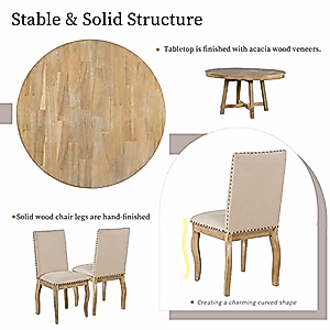 Mojay 5-Piece Dining Table Set with Wood Round Oval Dining Room Extension Table and 4 Upholstered Chairs, Natural Wood Wash Finish, Perfect for Dining Room