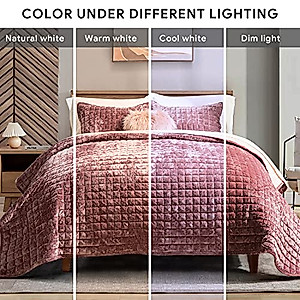 RECYCO Luxury Velvet Quilt Set King Size, Lightweight Velvet Comforter Set, Oversized Bedspread Coverlet Quilted Bedding Set, with 2 Matching Pillow Shams, for All Season, Dusty Mauve Pink