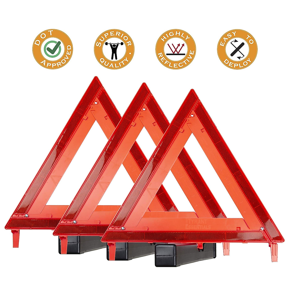 TYRANT Emergency Safety Warning Triangles – Roadside Kit for Car, Truck, RV Vehicles – DOT approved, Highly Reflective, Foldable with Carrying Case, Pack of 3
