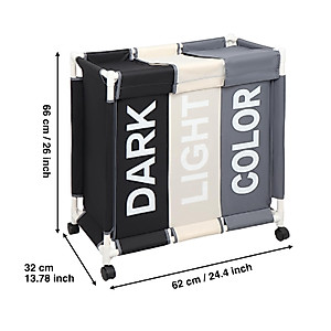 Laundry Sorter 3 Section Laundry Hamper Basket with Rolling Wheels Laundry Organizer Cart for Bathroom Bedroom Nursery (White+Grey+Black)
