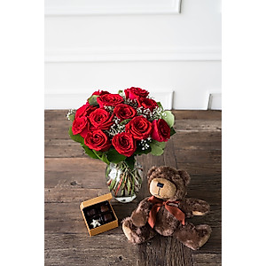 From You Flowers - One Dozen Red Roses & Chocolate & Teddy Bear with Glass Vase (Fresh Flowers) Birthday, Anniversary, Get Well, Sympathy, Congratulations, Thank You