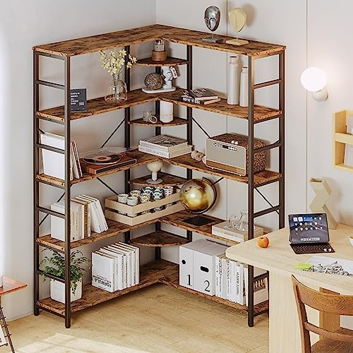 IRONCK Industrial Bookcases and Bookshelves, 5-Tiers Corner Bookcase with Curved Panels, L Shaped Shelf with Metal Frame for Open Storage for Living Room Home Office