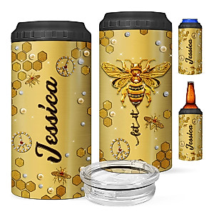 ZOXIX Personalized Can Cooler Let It Bee Gifts For Bee Lovers Women Jewelry Style Stainless Steel Tumbler Insulated Can Holder Travel Cup 16 Oz 4-in-1 Hippie Bee Themed Items