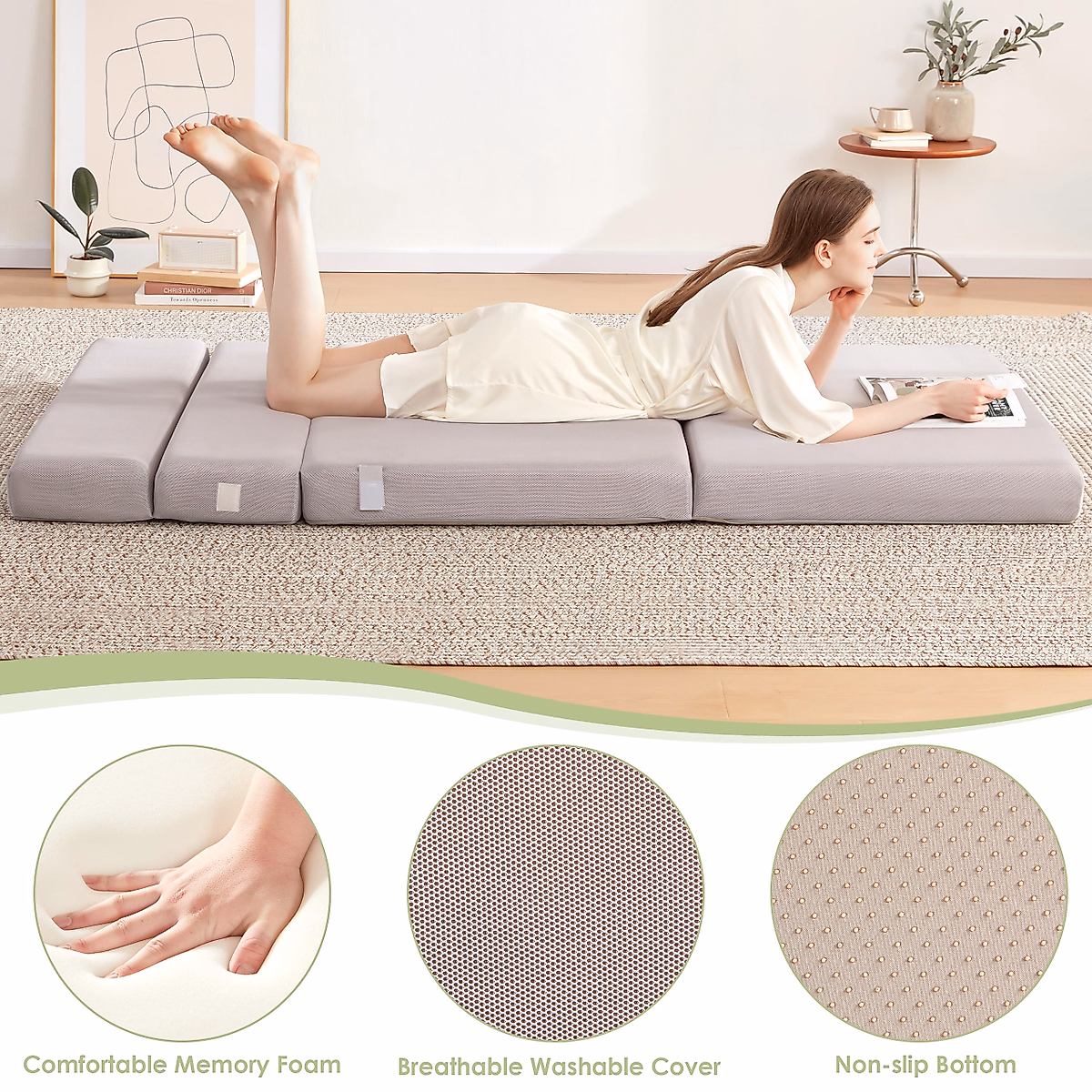 Lazyzizi Foldable Mattress 4Inch Folding Mattress Fold Out Floor Sofa Bed for Adults, Camping, Guest, with Headrest, Breathable & Washable Cover (Single)