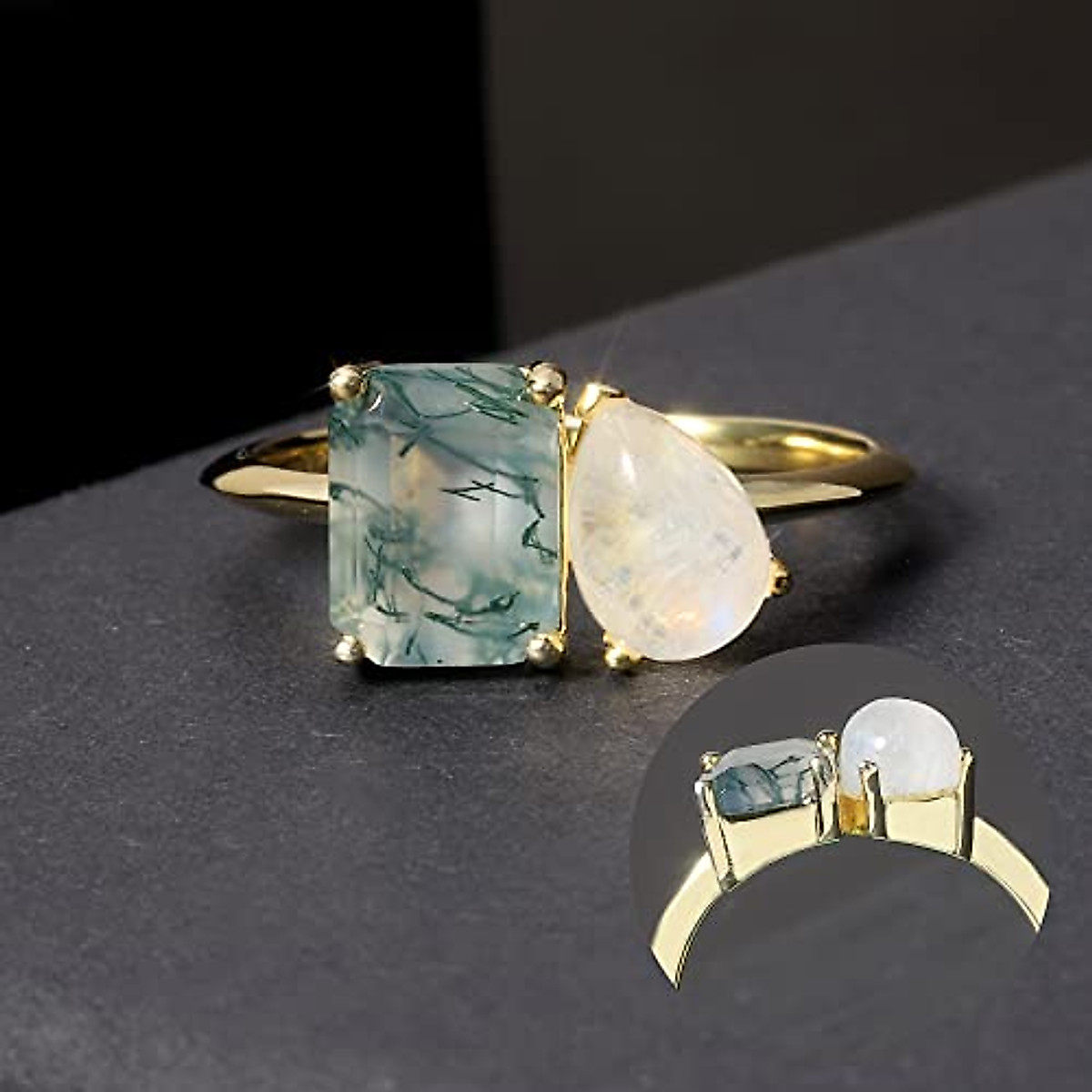 Gem's Beauty Milky Blue Moonstone Green Moss Agate Gold Sterling Silver Toi et Moi Ring Women Gold Rings Moss Agate Jewelry Engagement Rings Women Gifts(Size6)