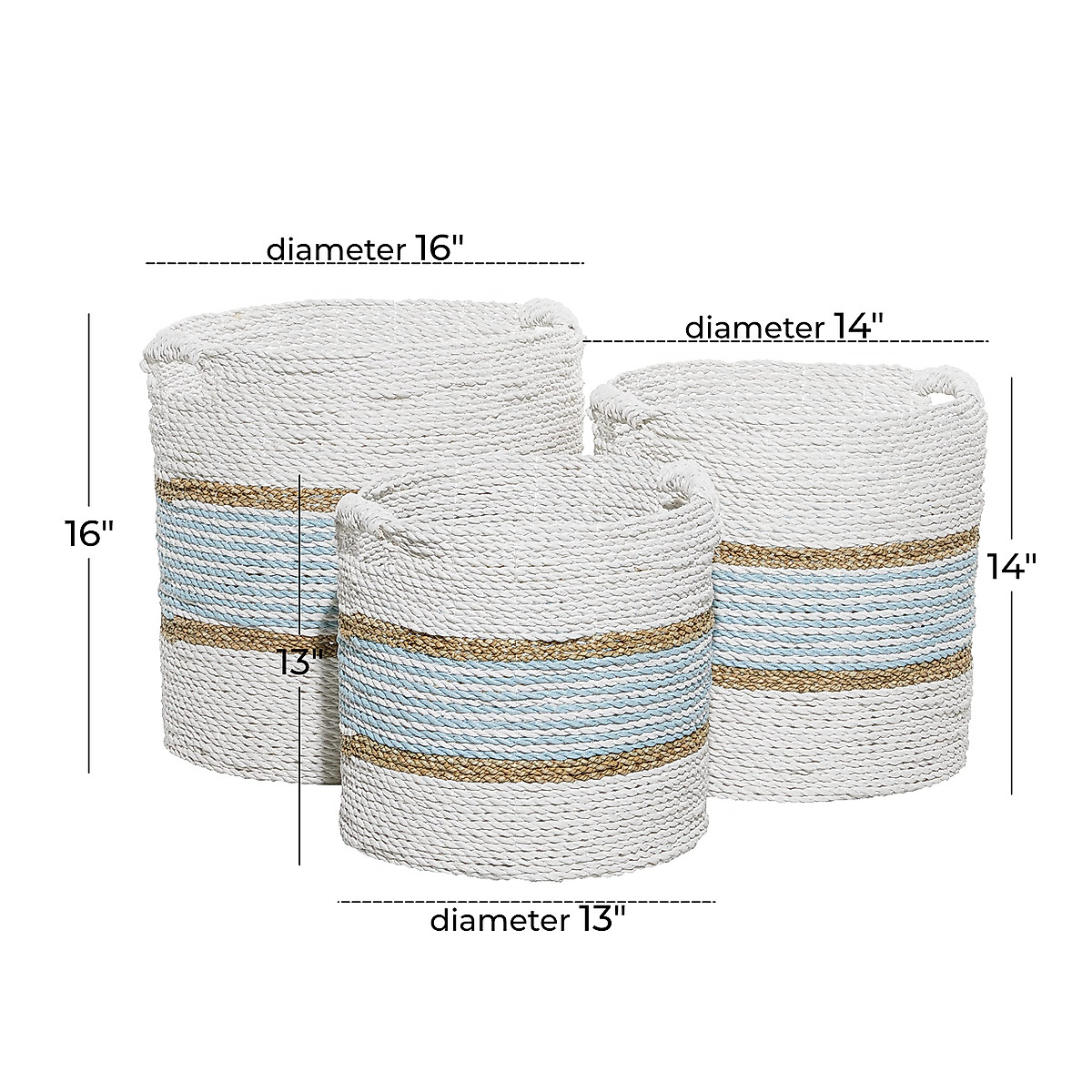 Deco 79 Wood Cylinder Storage Basket with Handles, Set of 3 16", 14", 13"H, White