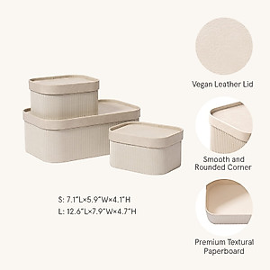 LA JOLIE MUSE Storage Basket Set of 3 with Leather Lids Fluted Cardboard - Light Grey