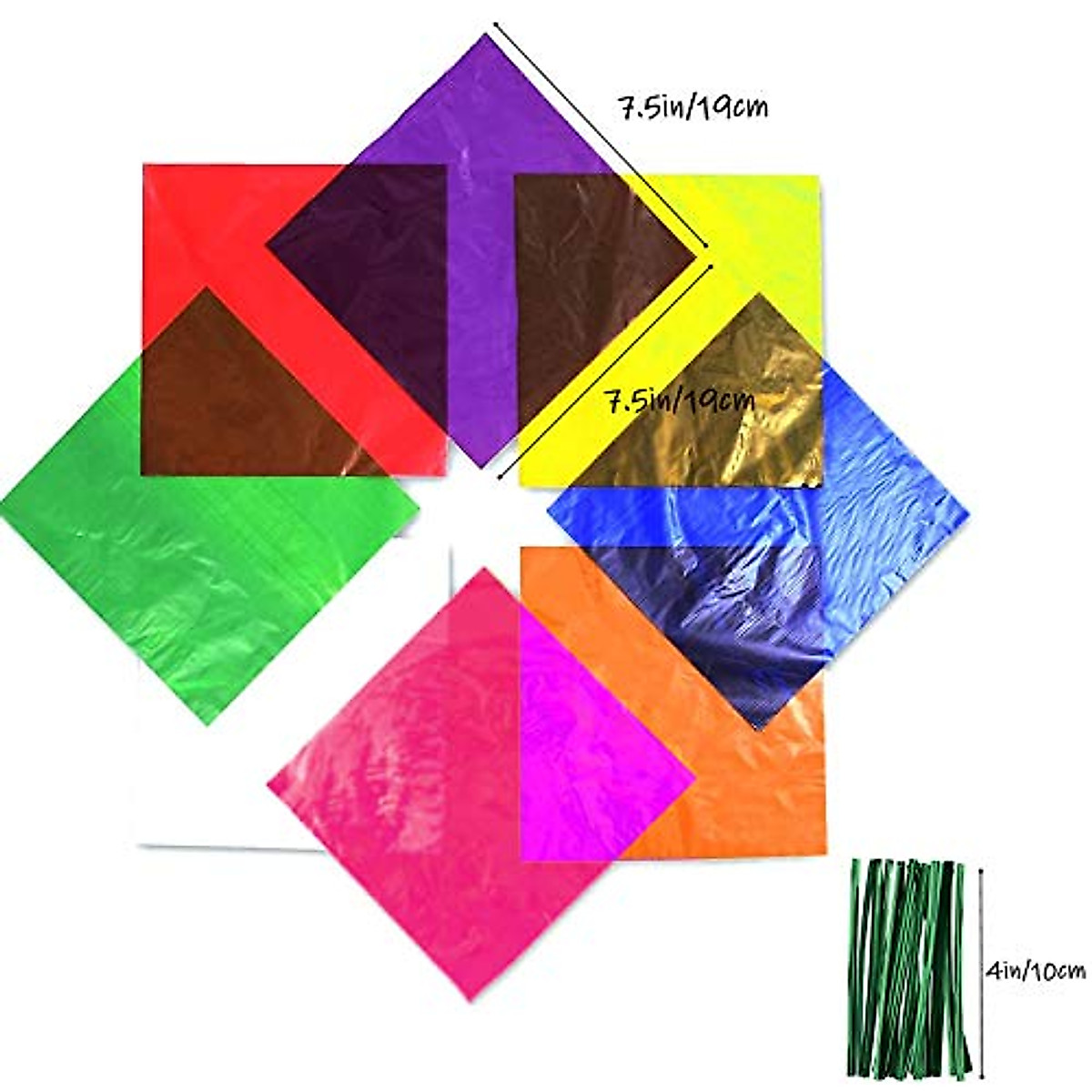 Cinvo 160 Pcs Cellophane Sheets Multi-Colored See Through Colorful Sheets with Twist Ties Cello Wraps for DIY Arts and Crafts, Treats Candy Wrapping Party Supplies (7.5 x 7.5 Inch)