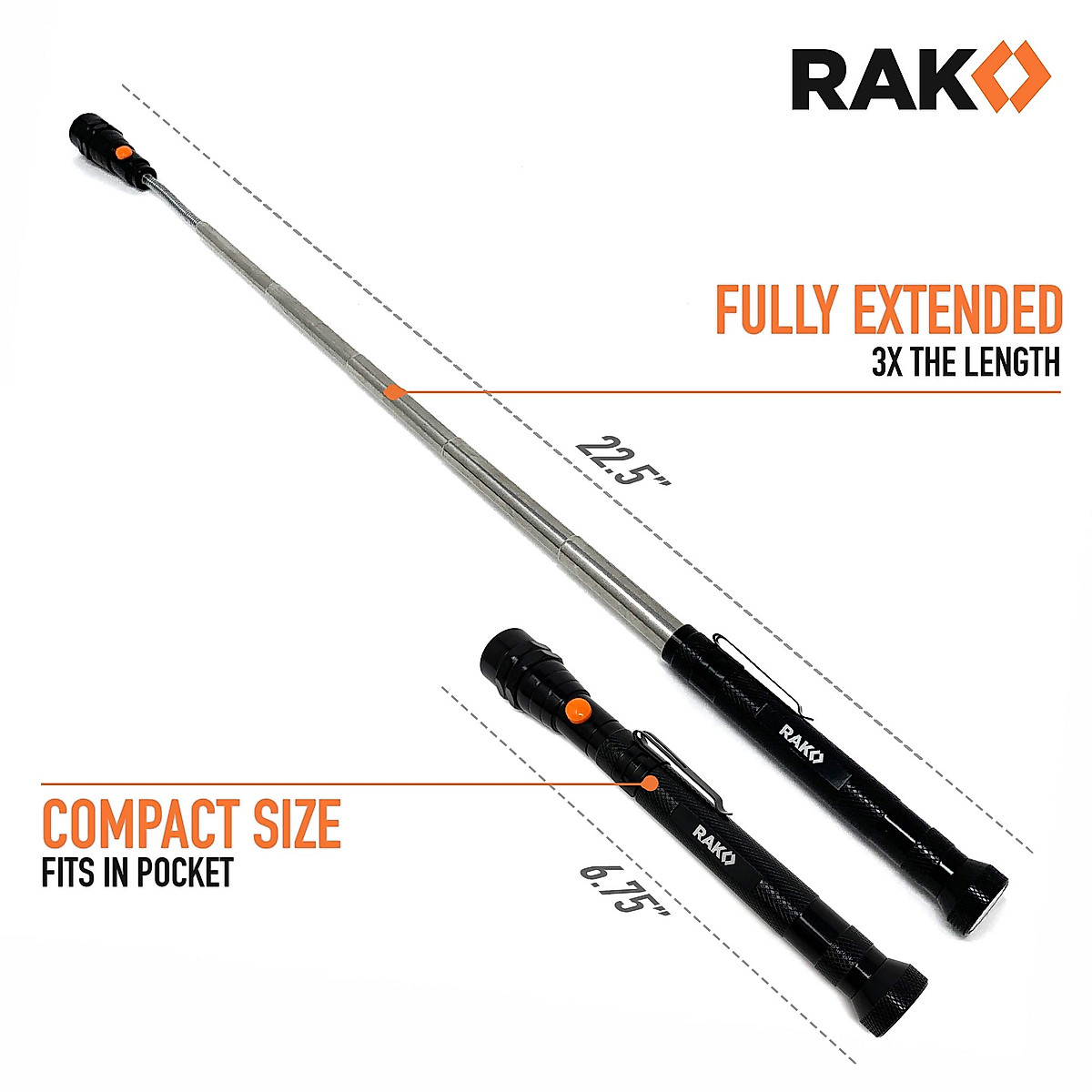 RAK Telescoping Magnetic Pickup Tool - Extendable Magnetic Flashlight - HVAC Tools Gifts for Men - Long LED Magnet Stick Tool for Mechanic, Tech, Handyman - Birthday Gifts for Dad