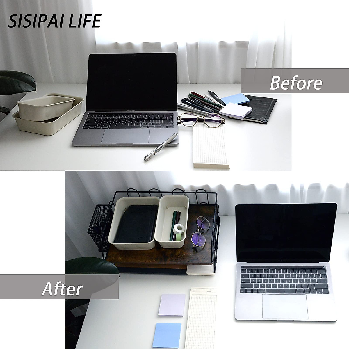 Desk Organizers, File Organizer for Desk, Wood Paper Letter Tray Organizer Stackable for School, Home, Office Supplies with Pen Holder (2 Layer)