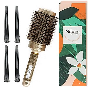 Ndure Beauty Round Hair Brush for Blow Drying, Single Brush with 4 Hair Clips Included, Ceramic & Ionic Tech Hair Brush with Boar Bristles, Round Barrel Brush for Styling, Curling and Straightening