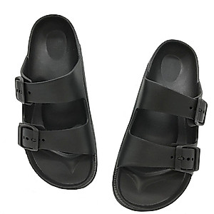 FUNKYMONKEY Men's Comfort Slides Double Buckle Adjustable EVA Flat Sandals (12 M US, Black/SPK)