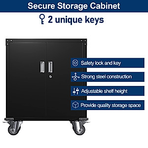 Aobabo 35.4'' Tall Metal Storage Cabinet with Wheels,Lockable Rolling Storage Cabinet for Garage,Office,Home,Steel Tool Chest Cabinet with 2 Shelves,Black