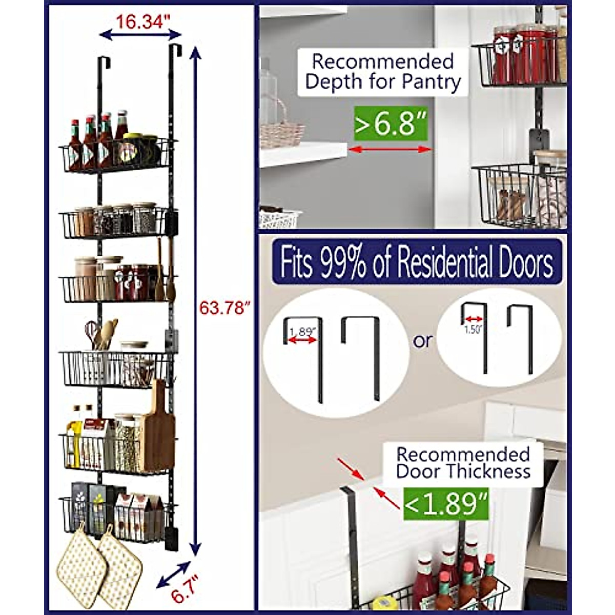 Olirum Over the Door Pantry Organizer, 6 Adjustable Baskets, Large Pantry Organization and Storage, Hanging or Wall Mounted Spice Rack for Kitchen Organization + Pantry Storage with Hooks & Dividers