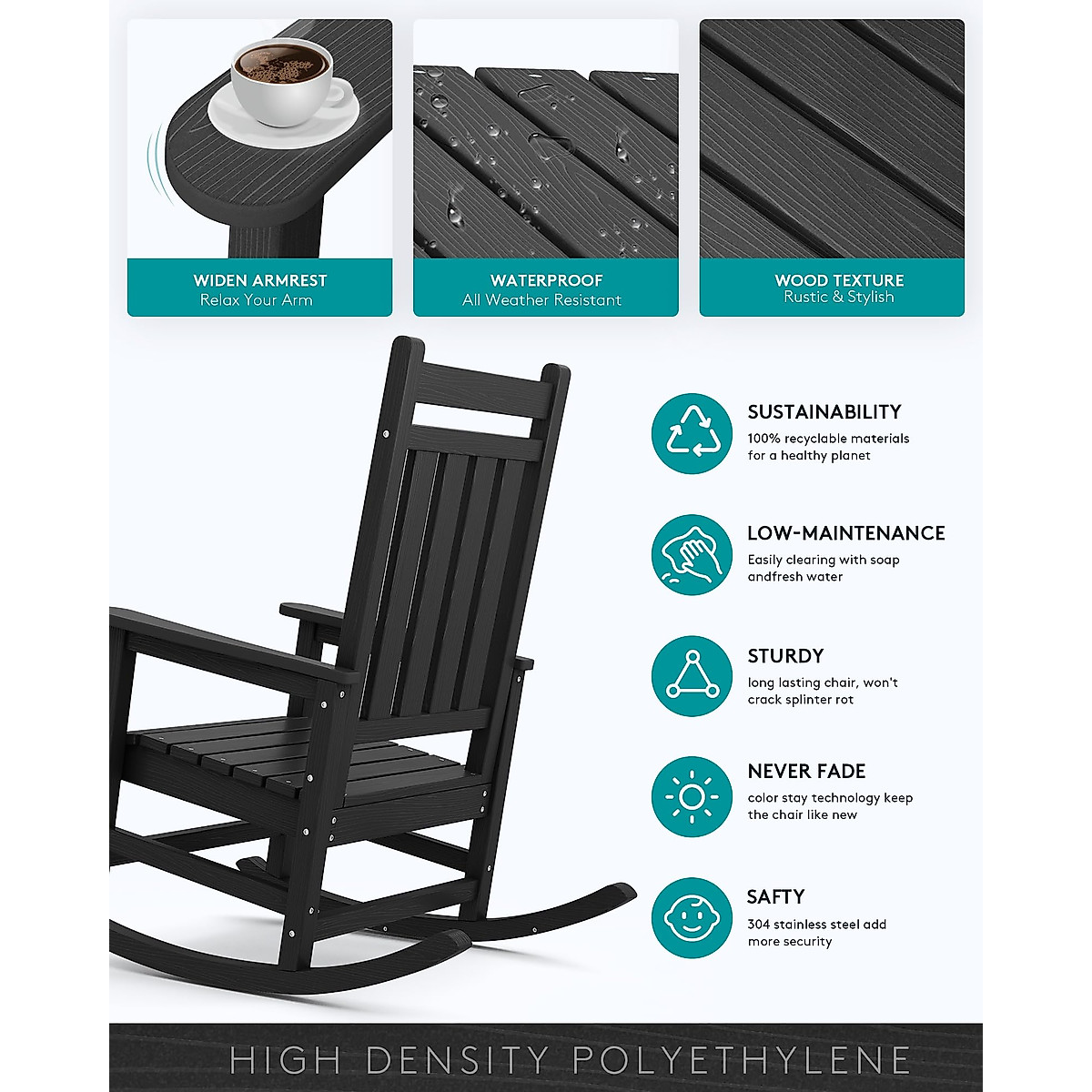 SERWALL Outdoor Rocking Chair Set of 2, HDPE Rocking Chairs for Adult, Black