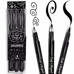 Craft 'n' Beyond Calligraphy Brush Pens Pack of 3 Small, Medium and Large Markers for Hand Lettering, Art Drawing, Sketching, Scrapbooking, Journaling - Beginner Kit with Fadeproof Black Ink