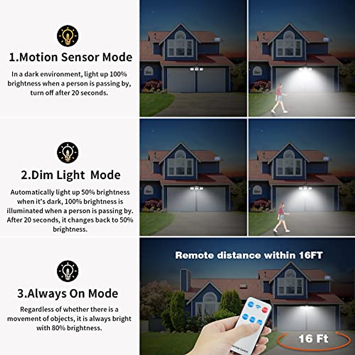2 Pack Detachable Solar Security Lights, 3 Head Motion Sensor Lights With Remote Control 108 LED Rotatable Flood Lights IP65 Waterproof Outdoor Spotlights for Porch Garden Patio Yard Garage Pathway