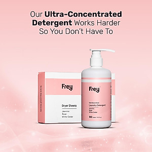 FREY Laundry Set | Concentrated Liquid Detergent & Natural Dryer Sheets | Jasmine Rose White Cedar Scent | Eco-Friendly & Skin-Safe