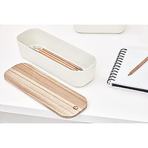 iDesign Recycled Plastic Compact Drawer Organizer Bin with Paulownia Wood Lid, Large, Coconut