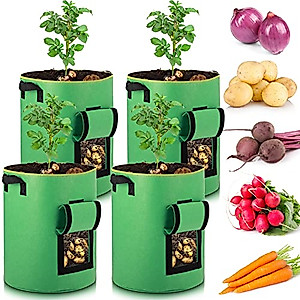 4 Pack 10 Gallon Potato Grow Bags Garden Planting Bag with Window Felt Potatoes Growing Containers with Handles for Vegetables Tomato Carrot Onion Fruits Plants Planting