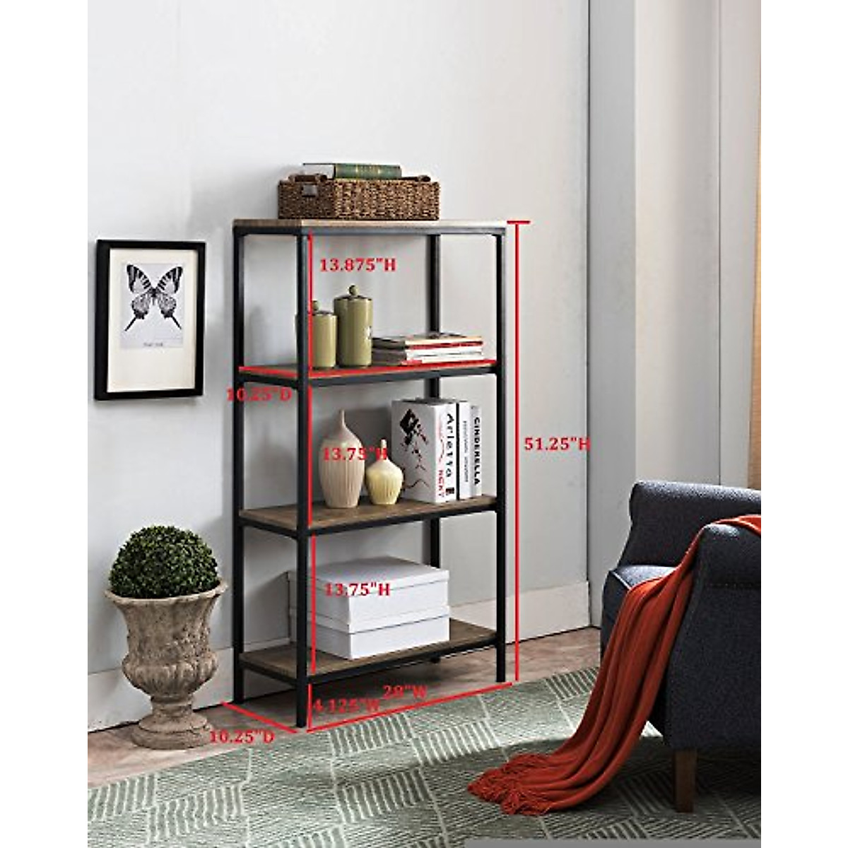 Kings Brand Furniture Grey Finish Wood & Black Metal 4 Tier Shelf Storage Bookcase