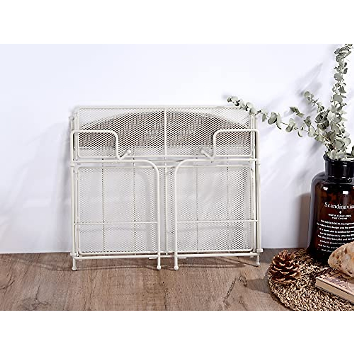 Funly mee 2 Tier Kitchen Countertop Spice Rack, Bathroom Metal and Wood Foldable Shelf Organizer (Rustic White)
