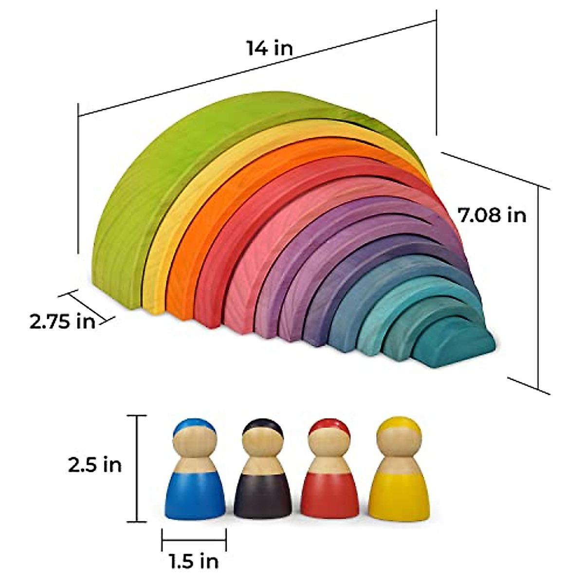 TEKOR 35 Pcs Wooden Rainbow Stacking Toy Set, Montessori Building Blocks for Toddler Girl Boy, Stacker Puzzle Educational Preschool Gifts for Kids, Semi-Circle, Stacking Blocks, Little Peg Dolls