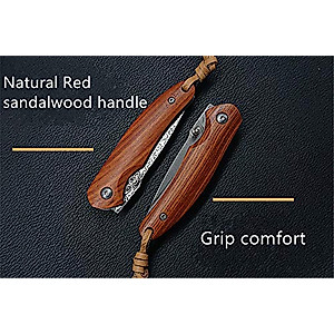 KUNSON Folding Pocket Knife 2.6” Damascus Steel Blade and Natural Classic Red Sandalwood Handle Design, Outdoor EDC Portable Carry Keychain Knife