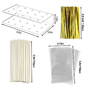 Yookat 2 Pack Acrylic Lollipop Holder Acrylic Cake Pop Stand 50PCS Clear Treats Bags 50PCS Lollipop Sticks and 50PCS Gold Metallic Twist Ties for Candy Cake Pop Sticks Making Tools