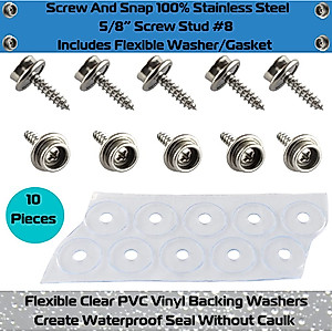 EZ-Xtend Stainless Steel Screws Marine Grade 5/8" #8 Boat Cover Snaps. Premium Snap Button Kit Includes 10 pcs of Screw in Snap Fasteners, 10 Flexible Clear PVC Vinyl Backing Washers Fastener Hardware