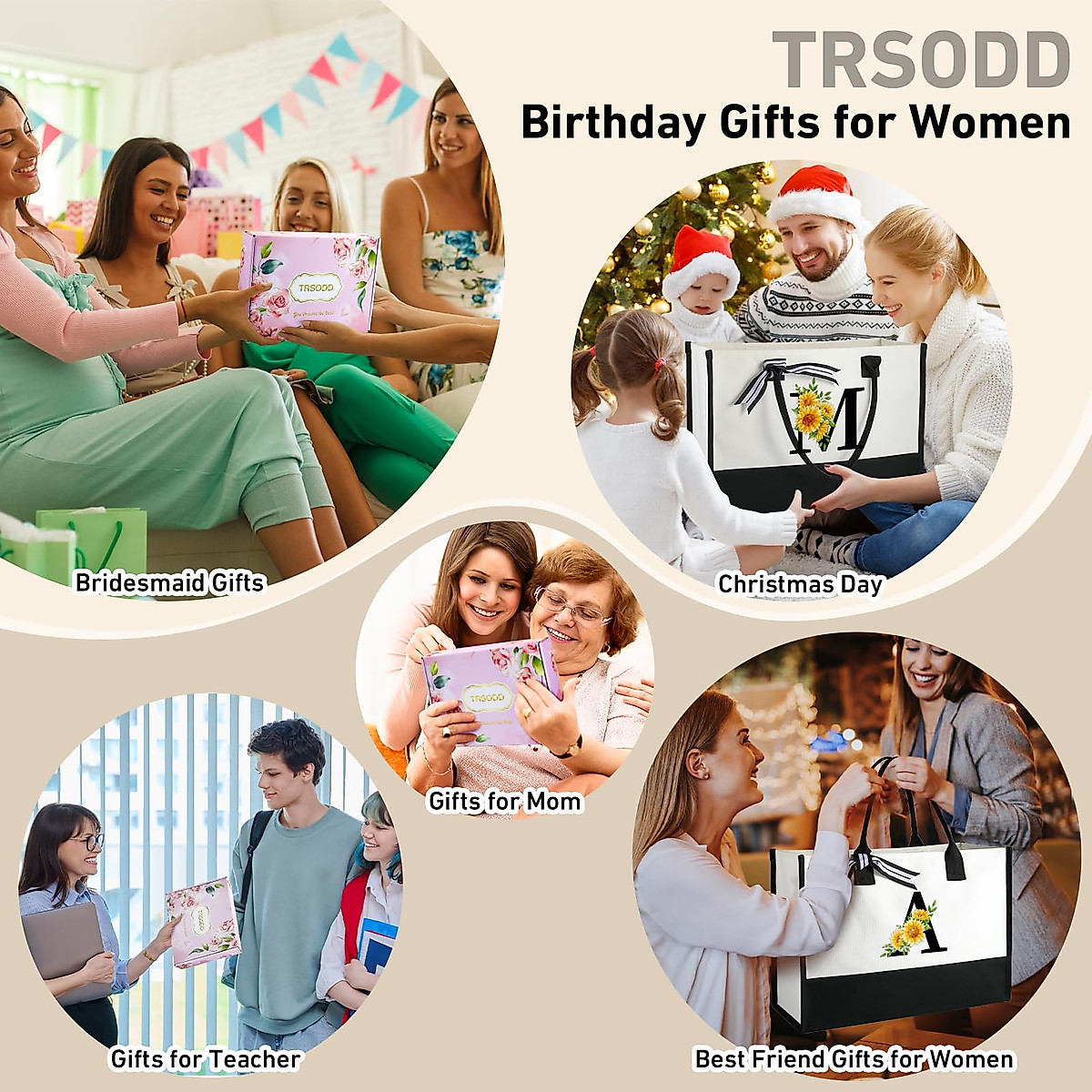 TRSODD Birthday Gifts for Women w Makeup Bag, Christmas Sunflower Gifts for Women, Can-vas Tote Bag for Women, Personalized Customized Bride Wedding Mom Gifts, Beach Bag w Inner Pocket Card Gift Box B