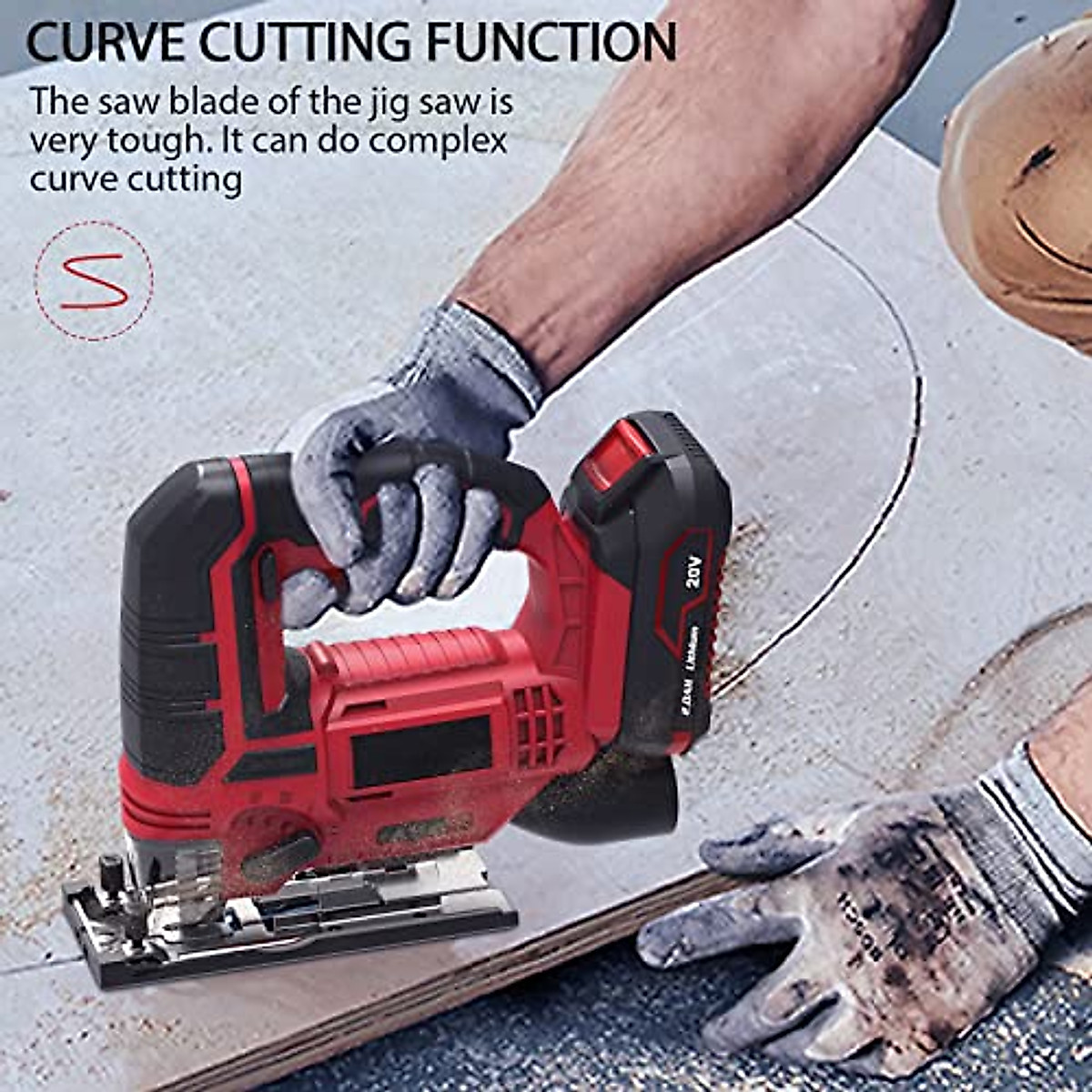Jigsaw, 20V Cordless Jig Saws with LED, 10Pcs Blades, 4 Orbital Settings, Variable Speed, ±45° Bevel Cutting, Scale Ruler, Tool-free Blade Changing, Battery & Carrying Bag & Fast Charger Included（A）
