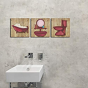LoveHouse Bathroom Canvas Wall Art Prints Rustic Bath Sets Red Wall Decor Still Life Picture Poster Print On Canvas for Home Shower Room Decoration Stretched Framed Ready to Hang 12x12inchx3panel
