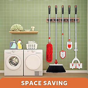 IMILLET Broom Holder Wall Mount, Wood Broom Holder with 5 Racks and 4 Hooks Broom Organizer, Laundry Room Organization and Storage, Mop Holder for Home Organization, Garden, Garage, Kitchen, Closet