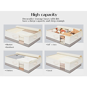 LoforHoney Home Under Bed Storage Containers, Underbed Storage Bins with Clear Window, Under Bed Clothes Storage Box, Foldable Storage Baskets for Organizing, Beige & Gray, 2-Pack, 21.7x16.5x7.1