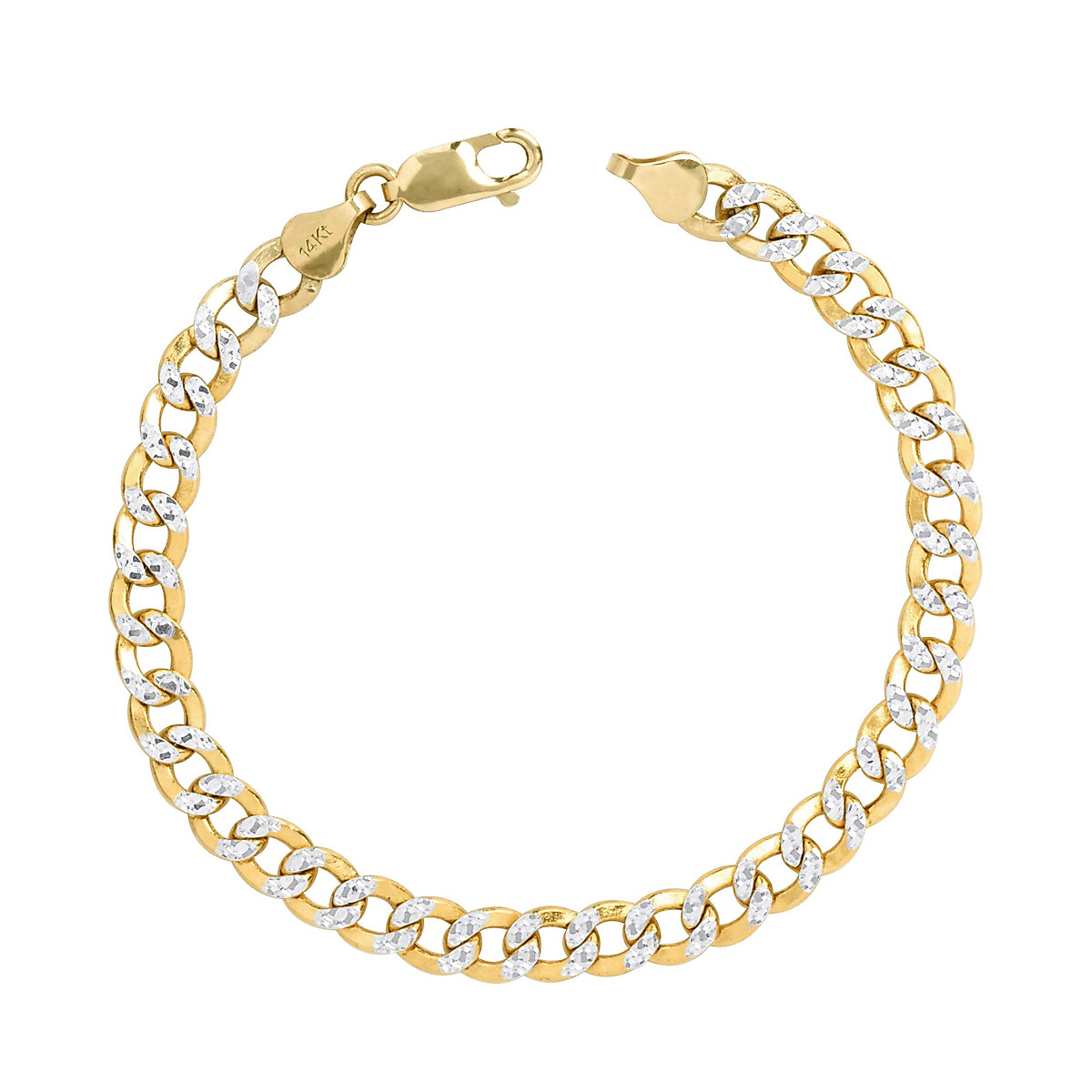 Nuragold 14k Yellow Gold 7mm Cuban Chain Curb Link Diamond Cut Pave Two Tone Bracelet, Mens Womens Jewelry 7" 7.5" 8" 8.5" 9"