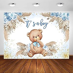 Avezano Boho Bear Baby Shower Backdrop for Boy's Party Decorations Blue Pampas Grass It's a Boy Baby Shower Photography Background Bohemian Bear Baby Shower Decorations Photoshoot (7x5ft)