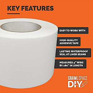 Whitecap - Premium Adhesive Seam Tape, 4" x 180' Polyethylene, Moisture Barrier Seal - for Crawlspace, Carpet Padding, Masking, Underlayment, Marine Use and More - Water & UV Resistant