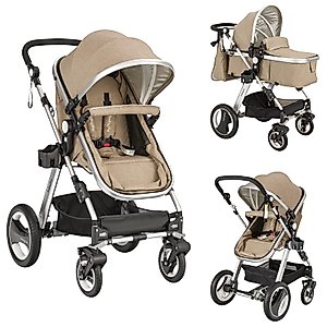 BABY JOY Baby Stroller, 2-in-1 Convertible Bassinet Reclining Stroller, Foldable Pram Carriage with 5-Point Harness, Including Cup Holder, Foot Cover, Diaper Bag, Aluminum Structure, Khaki