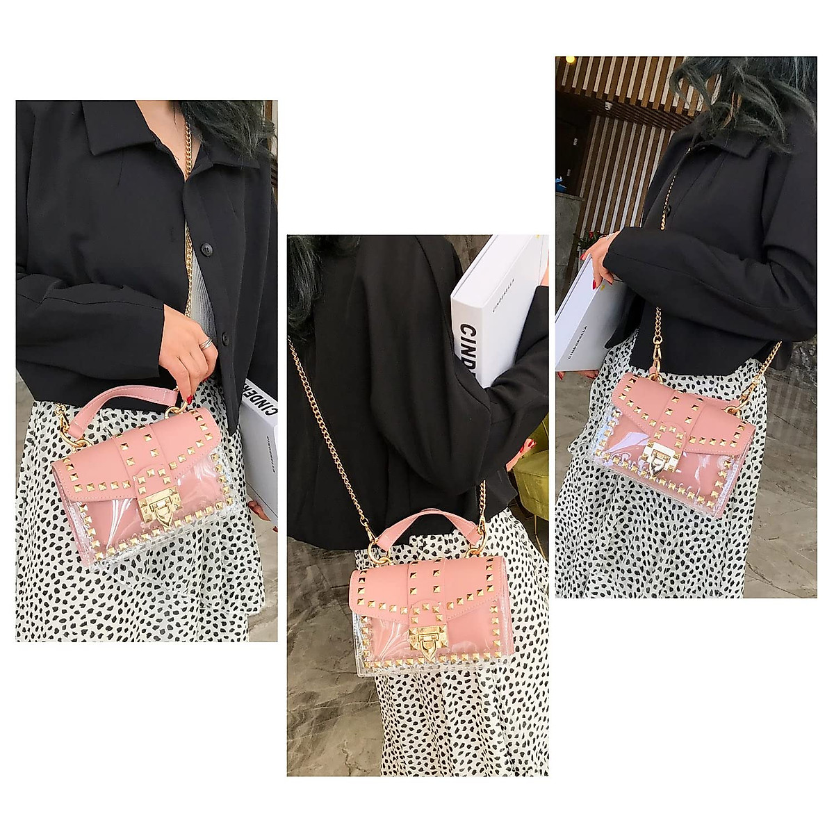 Qiayime Womens Fashion Purses and Handbags Shoulder Bag Ladies Rivet PVC Jelly Purse Designer Satchel Messenger Tote Bag (Pink)