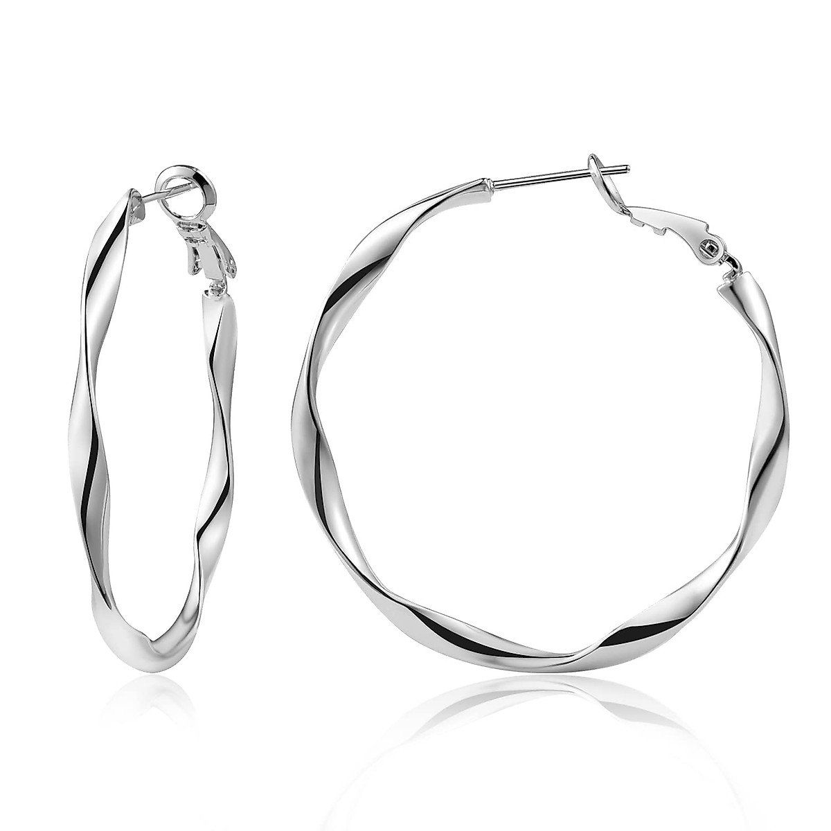 925 Sterling Silver Hoop Earrings for Women Big Twisted Thin Huggie Hoops 40mm, Dainty Cute White Gold Dangle Hoop Earrings Nickel Free Womens Earrings for Sensitive Ears Hypoallergenic