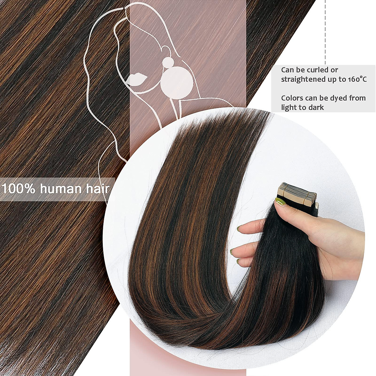 ShowJarlly Tape in Hair Extensions 20pcs 24 Inches Tape Ins Extensions Remy Human Hair Invisible Seamless Skin Weft for White Women Off Black Mixed Light Brown (1B/6/1B) 50g