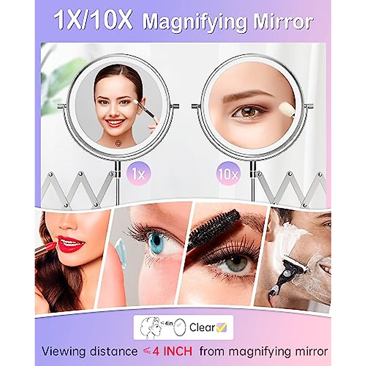 Rechargeable Wall Mounted Lighted Makeup Mirror, 1X/10X Magnifying Mirror with 3 Light Settings, 8 Inch 360° Swivel Extendable Bathroom Mirror, Double Sided Telescoping Mesh Vanity Mirror - Chrome
